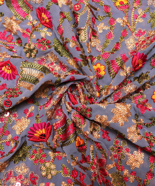 Best Ash Grey Color Thread Embroidery Georgette Fabric