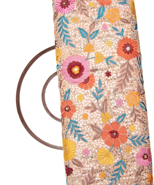 Peach Color Thread Sequin Embroidery Georgette Fabric