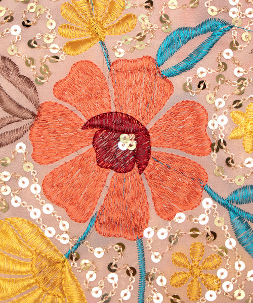 Peach Color Thread Sequin Embroidery Georgette Fabric