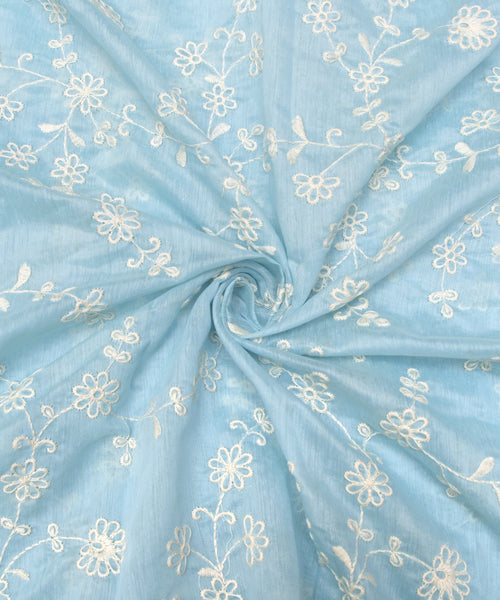 Light Blue Color Thread Embroidery Modal Chanderi Fabric